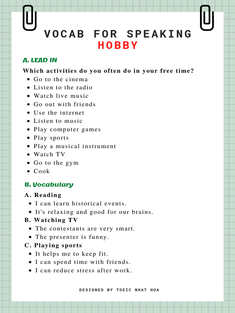 Vocab For Hobby | PDF