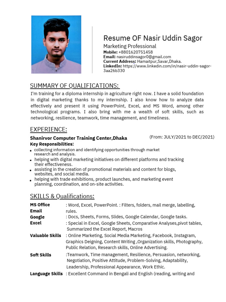Resume of Nasir Uddin Sagor PDF | PDF | Microsoft Excel | Computing