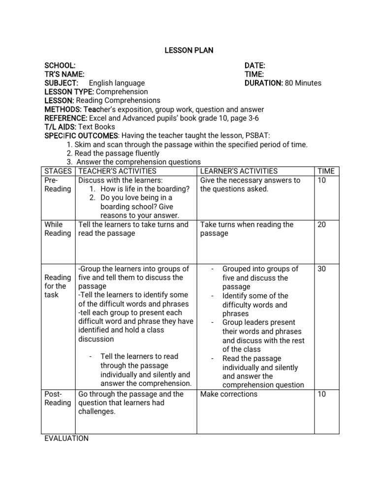 Grade_10_English_LESSON_PLANS | PDF | Reading Comprehension | Question