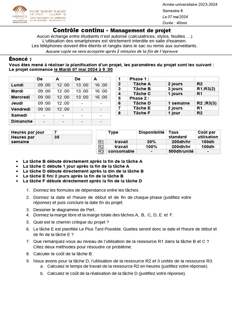 Contrôle continu en Management de projet | PDF | Échecs