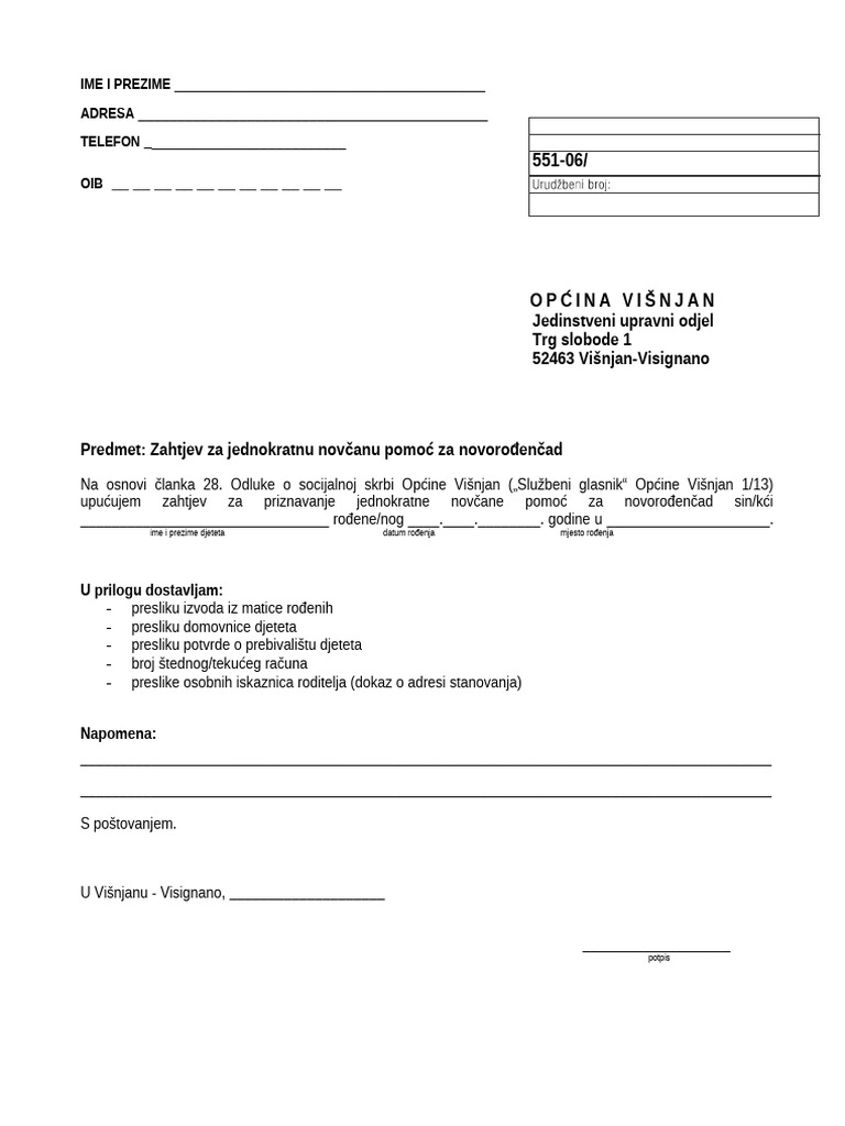 Obrazac Jednokratna Naknada Za Rođenje | PDF