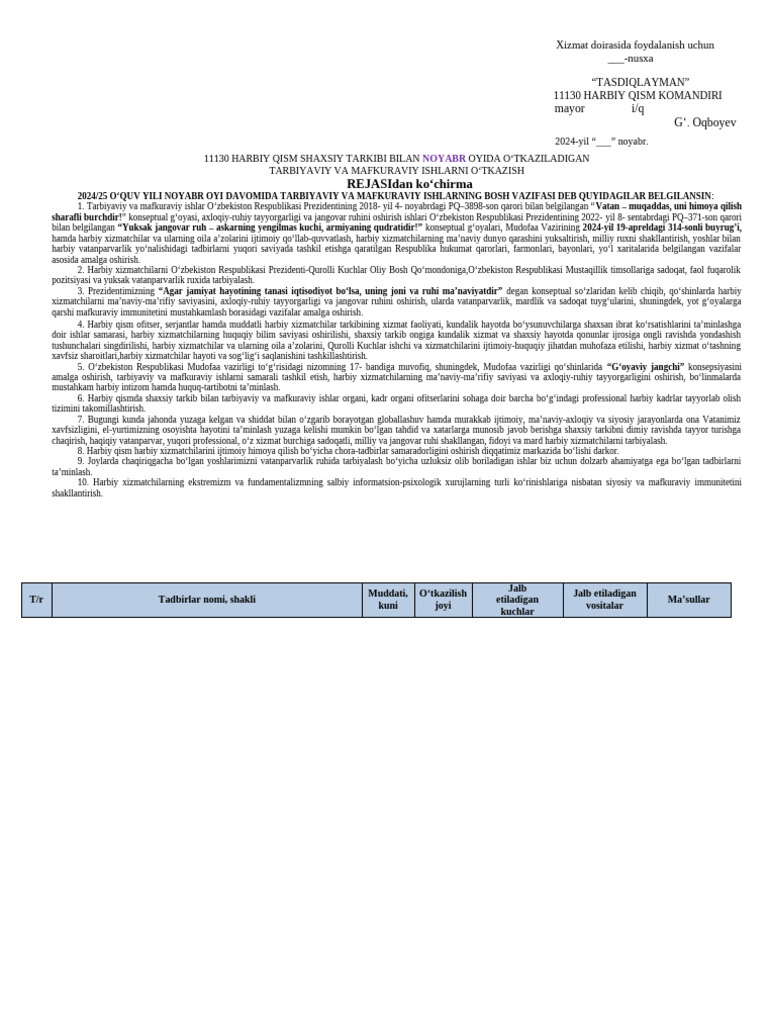 Noyabr Oyi Rejasi 2024-Y | PDF
