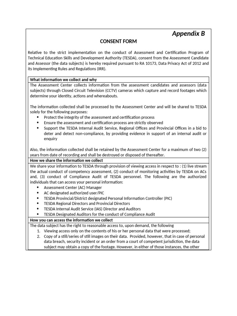 TESDA Assessment Consent Form | PDF | Audit | Regulatory Compliance