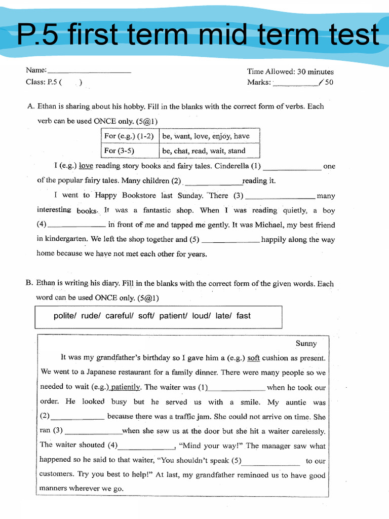 P.5 English first term mid term test | PDF