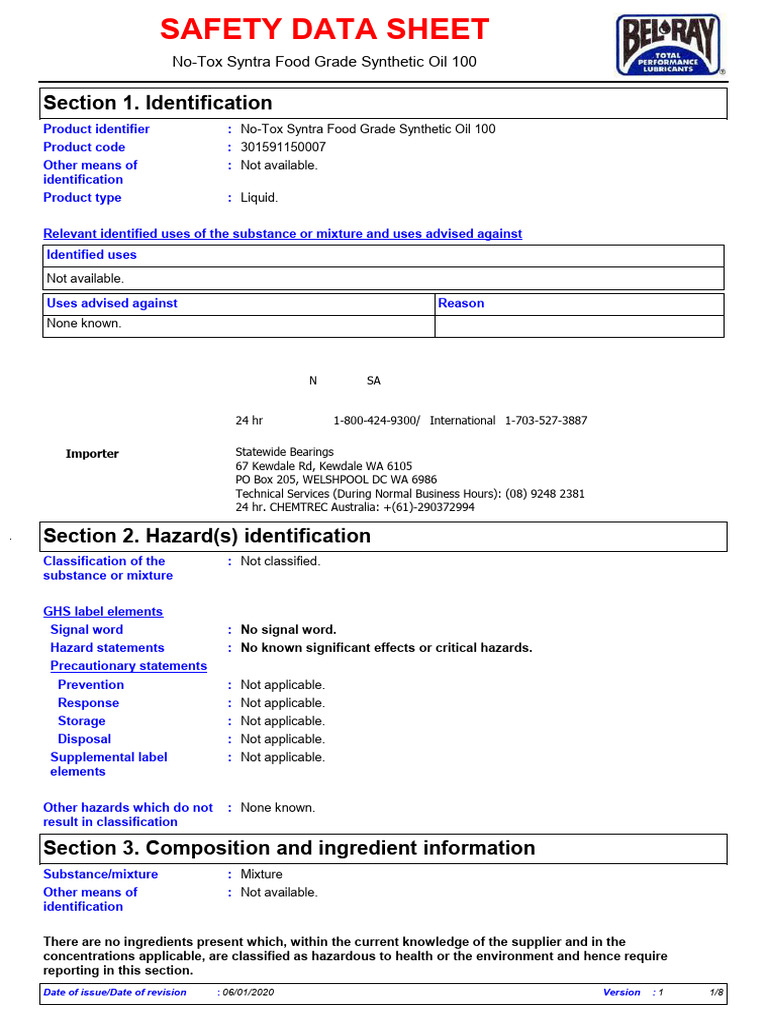 MSDS No Tox Syntra Food Grade Synthetic Oil 100 64237 | PDF ...