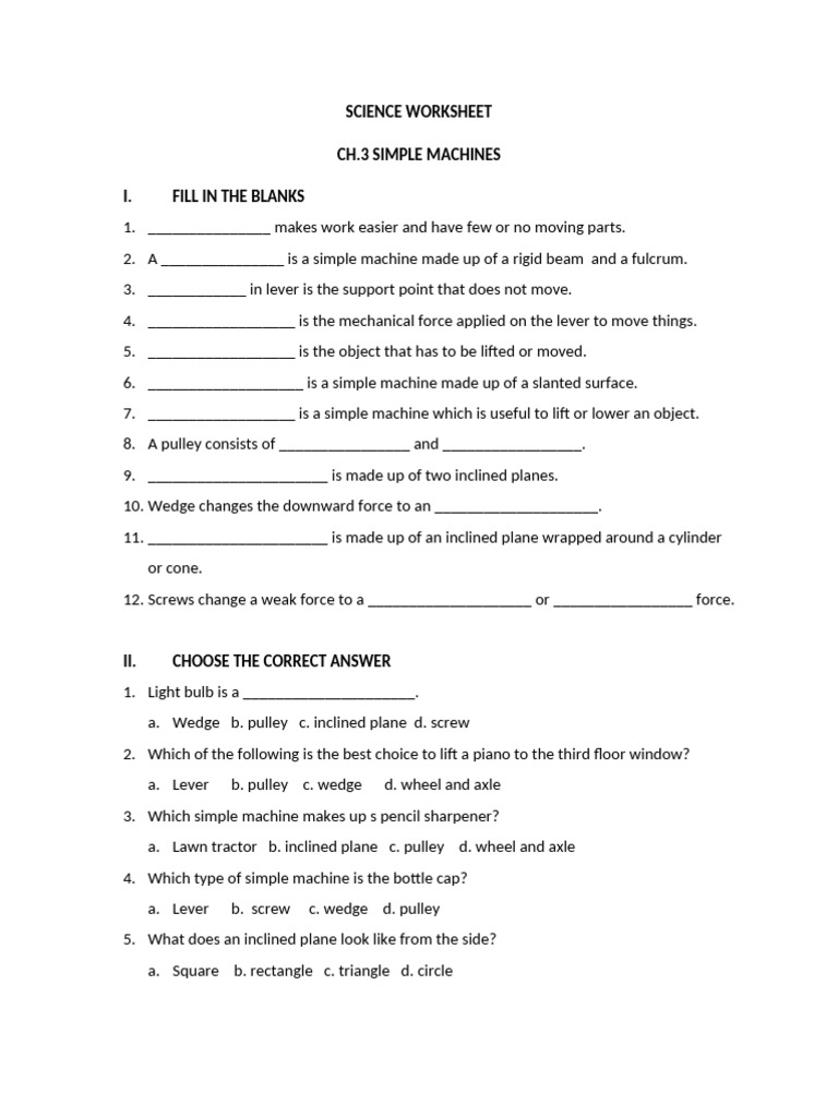 Simple Machines Worksheet for Kids | PDF