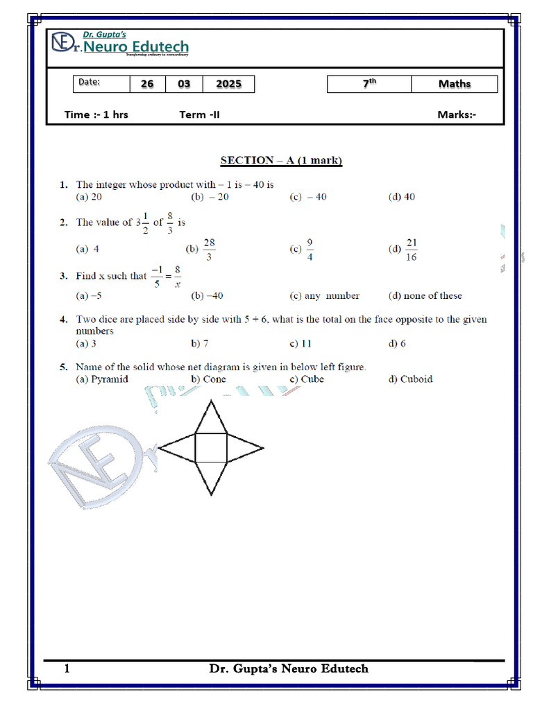 Dr. Gupta's Neuro Edutech - 7th Maths Exam | PDF
