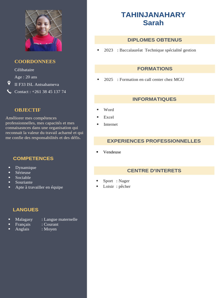 CV de Sarah : Compétences et Intérêts | PDF
