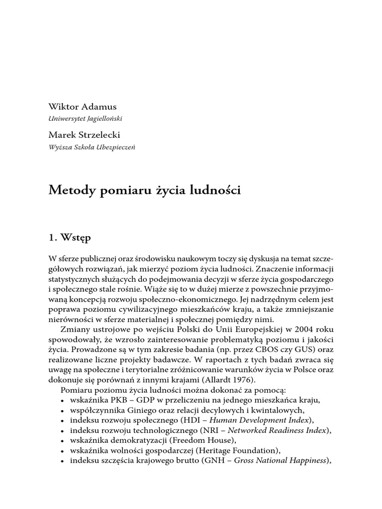 Adamus Strzelecki Metody Pomiaru Zycia Ludnosci 2018 | PDF