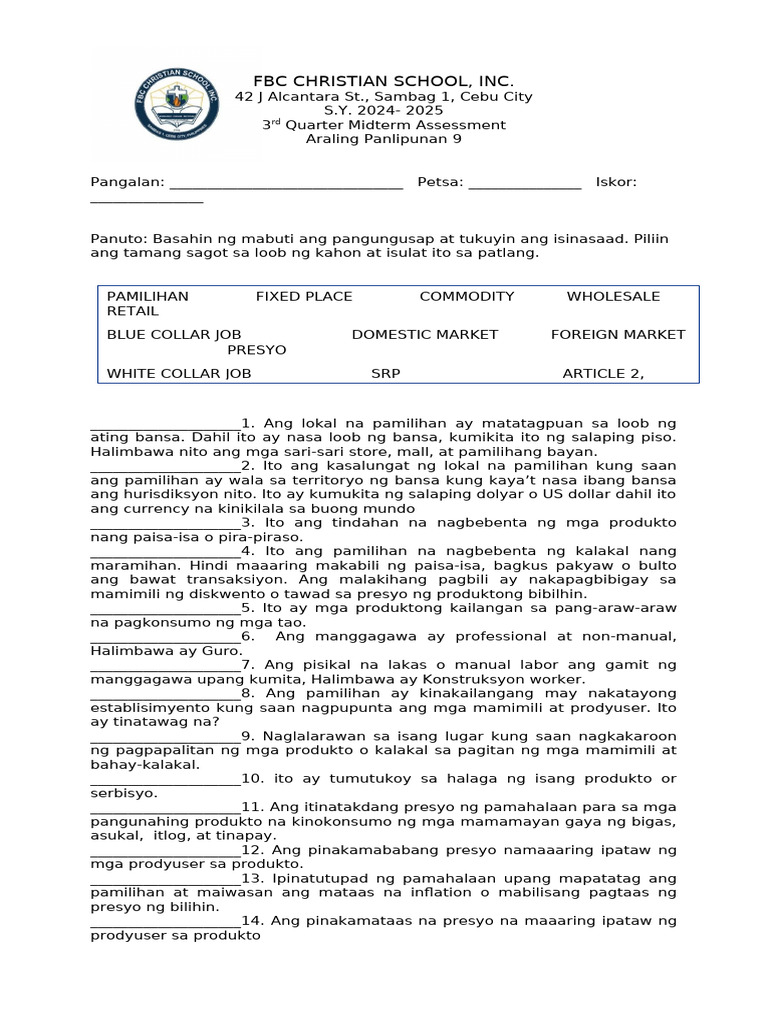 AP9 - 3rd Quarter Midterm Assessment | PDF
