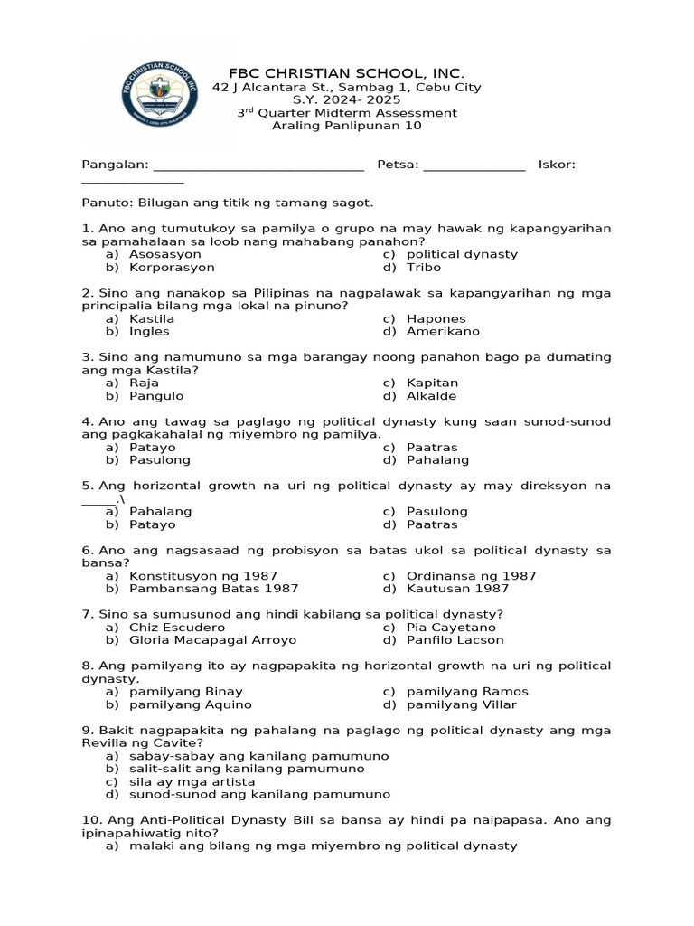 AP10 - 3rd Quarter Midterm Assessment | PDF
