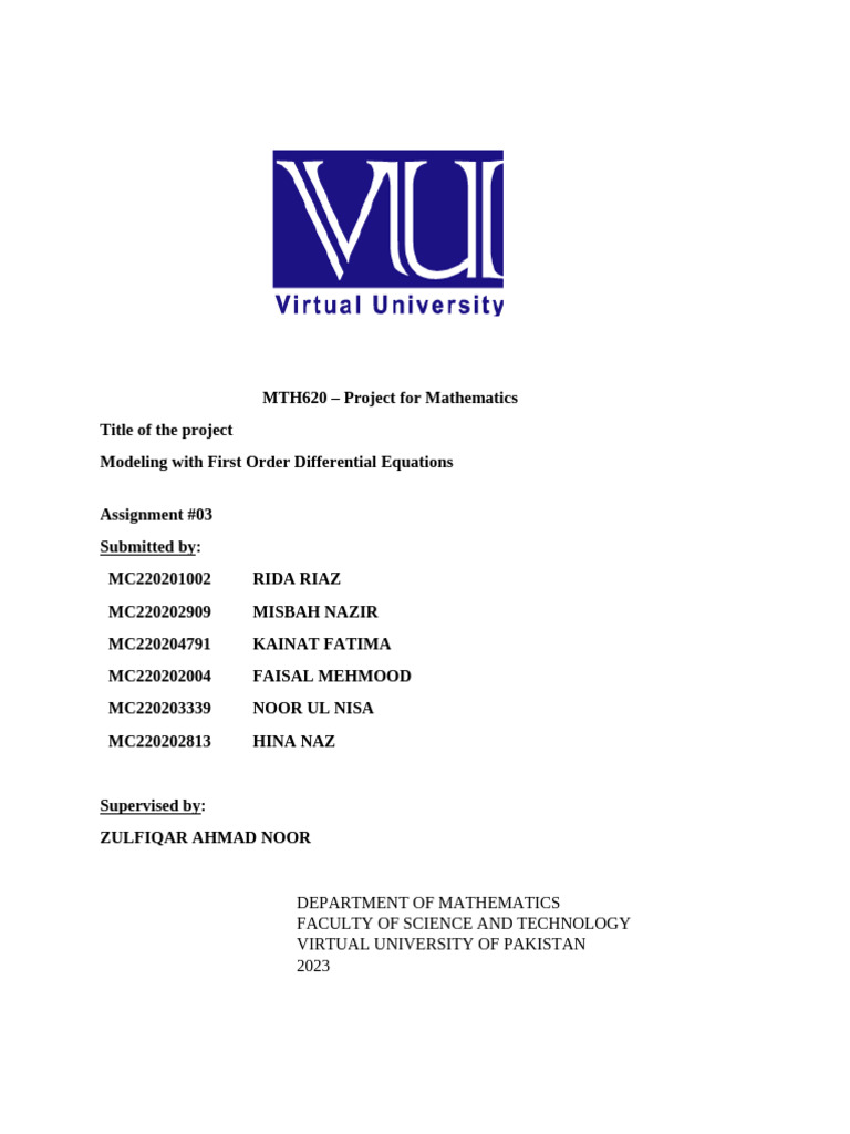 Project Assignment#03 Rida Riaz MTH 620 | PDF | Differential Equations | Equations