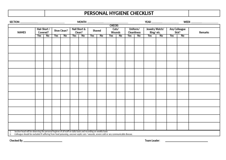 Weekly Personal Hygiene Checklist | PDF