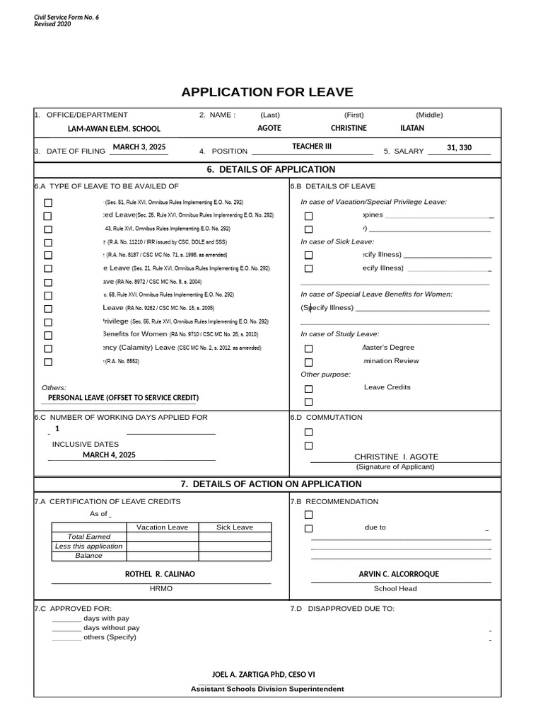 Application-for-Leave-CS-Form-No.-6-Revised-2020 | PDF | Parental Leave | Sick Leave