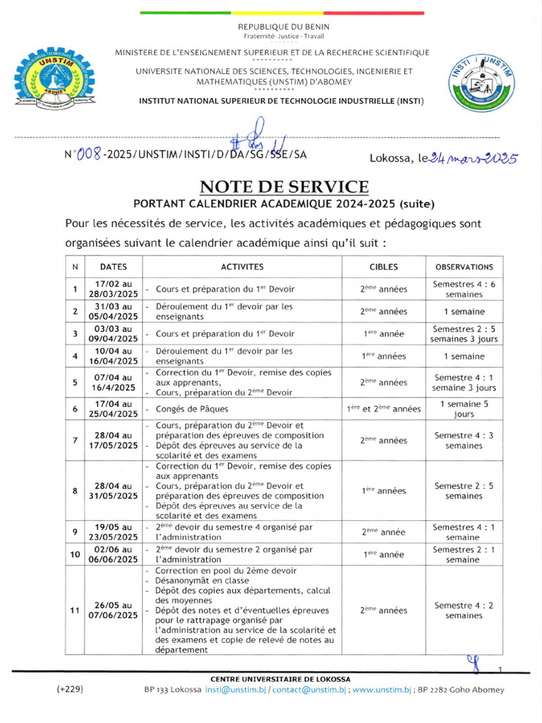 Calendrier Académique 2024-2025 UNSTIM | PDF
