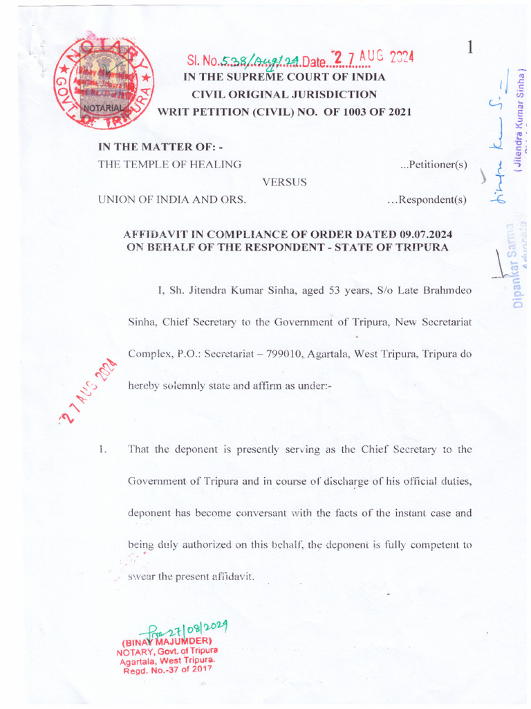AFFIDAVIT Tample of Healing, State of Tripura | PDF