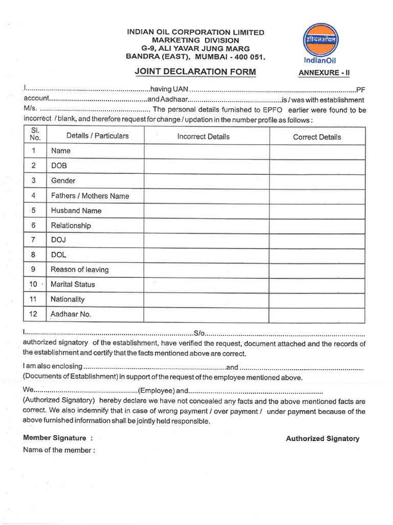New Joint Declaration Form-Epfo Mumbai | PDF
