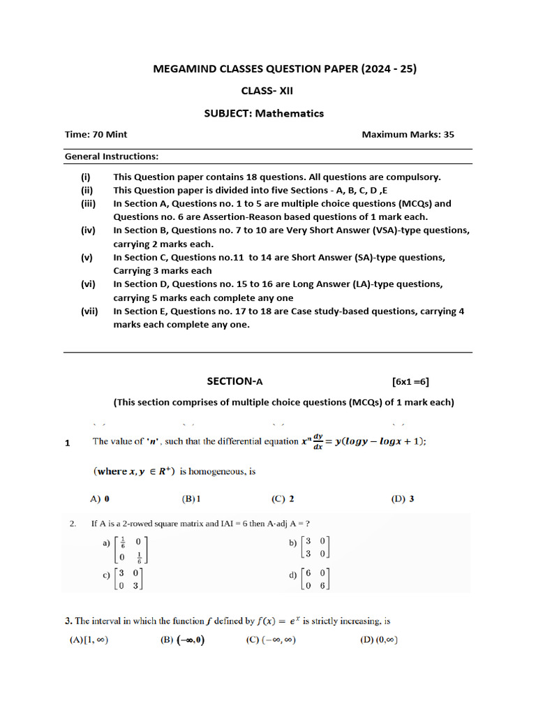 Megamind Classes Question Paper 3 | PDF