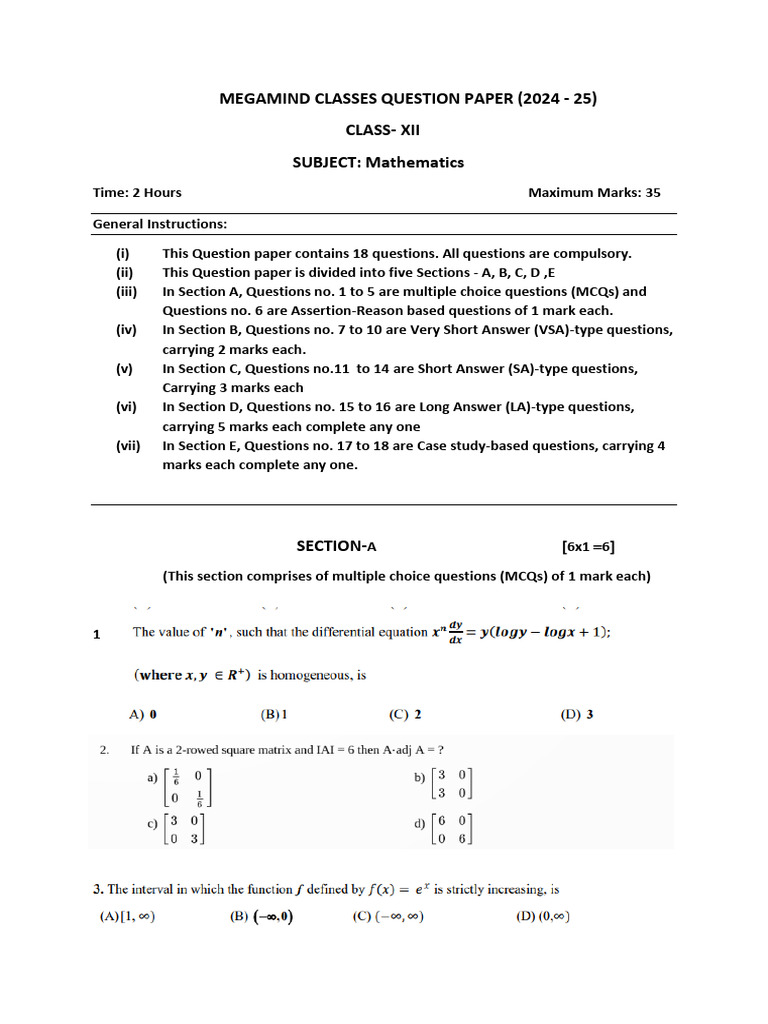 Megamind Class XII Math Question Paper | PDF