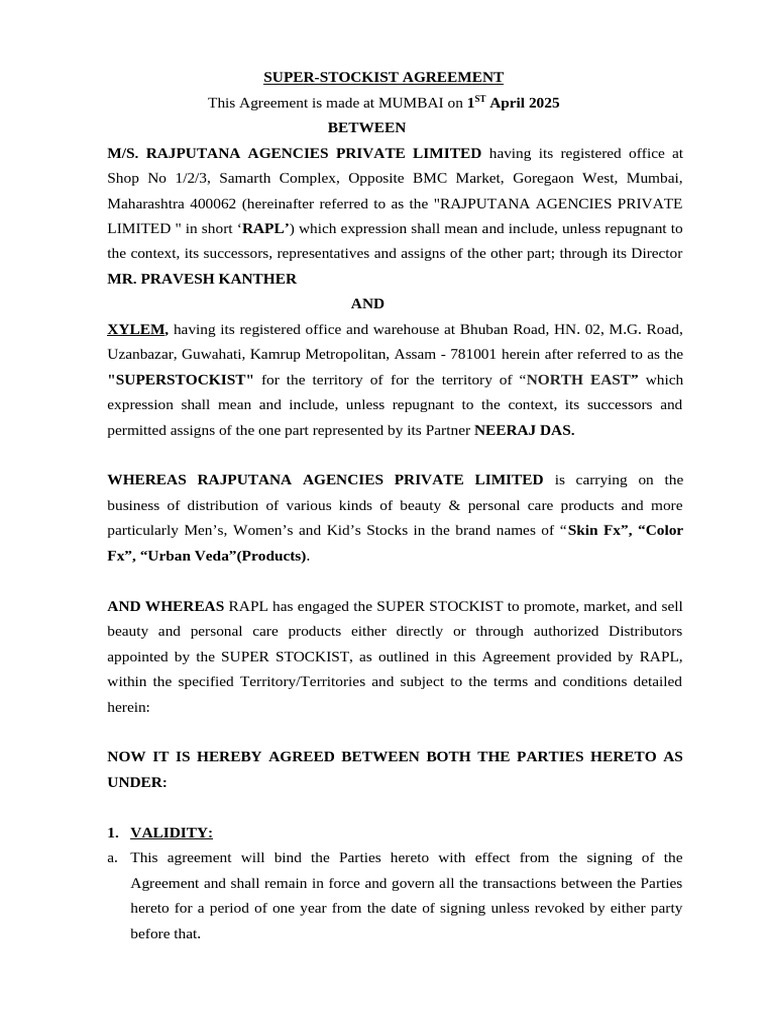 Super Stockist Agreement Overview | PDF | Arbitration | Retail