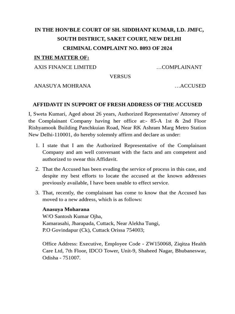 Affidavit For Fresh Address Anasuya | PDF
