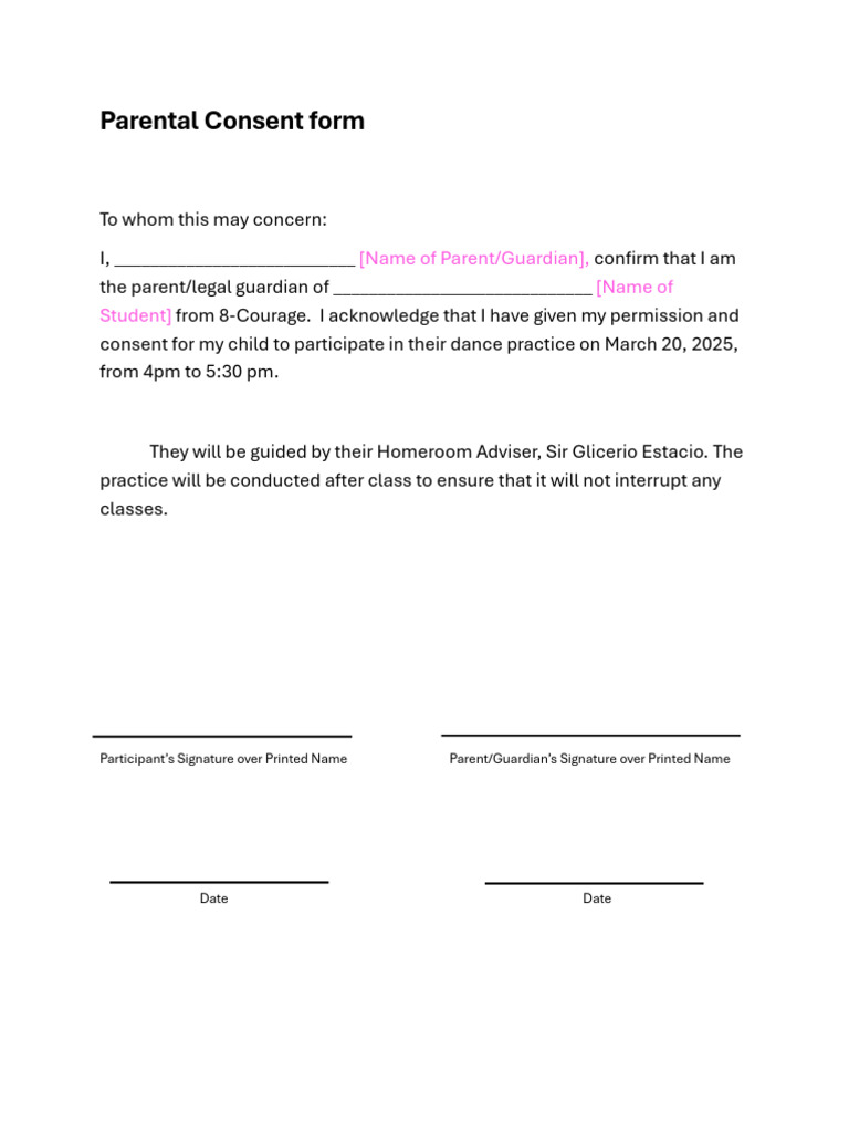 Parental Consent for Dance Practice | PDF
