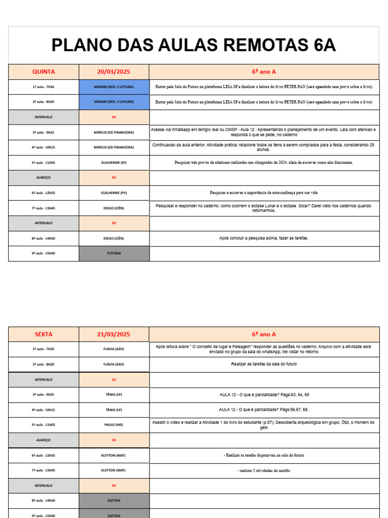 PLANO DAS AULAS REMOTAS 20 E 21 MAR 2025.xlsx - 6A | PDF | Intervalo (música)