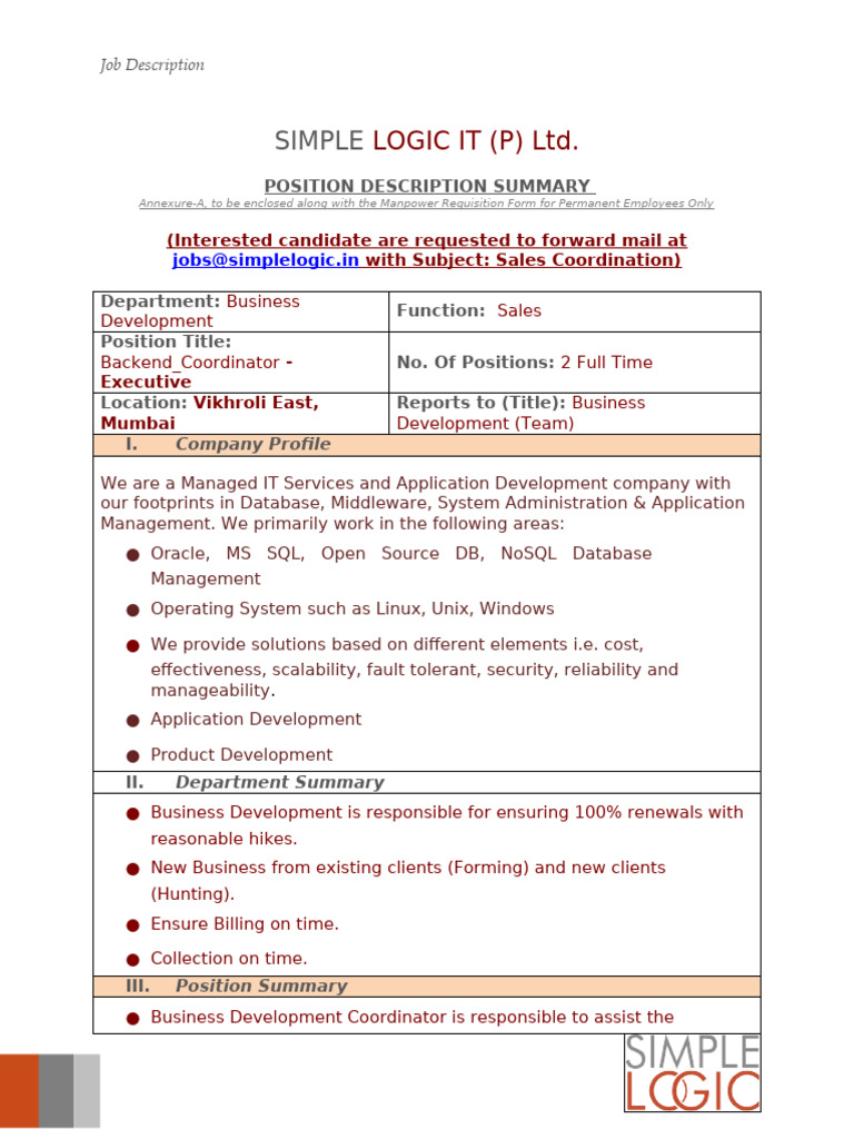 JD-Sales Backend - Coordinator | PDF | Information Technology Management | Computing