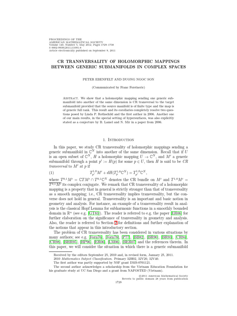 CR Transversality of Holomorphic Mappings Between Generic Submanifolds in Complex Spaces | PDF ...