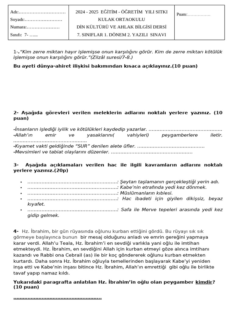 Sinif Dkab 1. Dönem 2. Sinav Sorulari | PDF