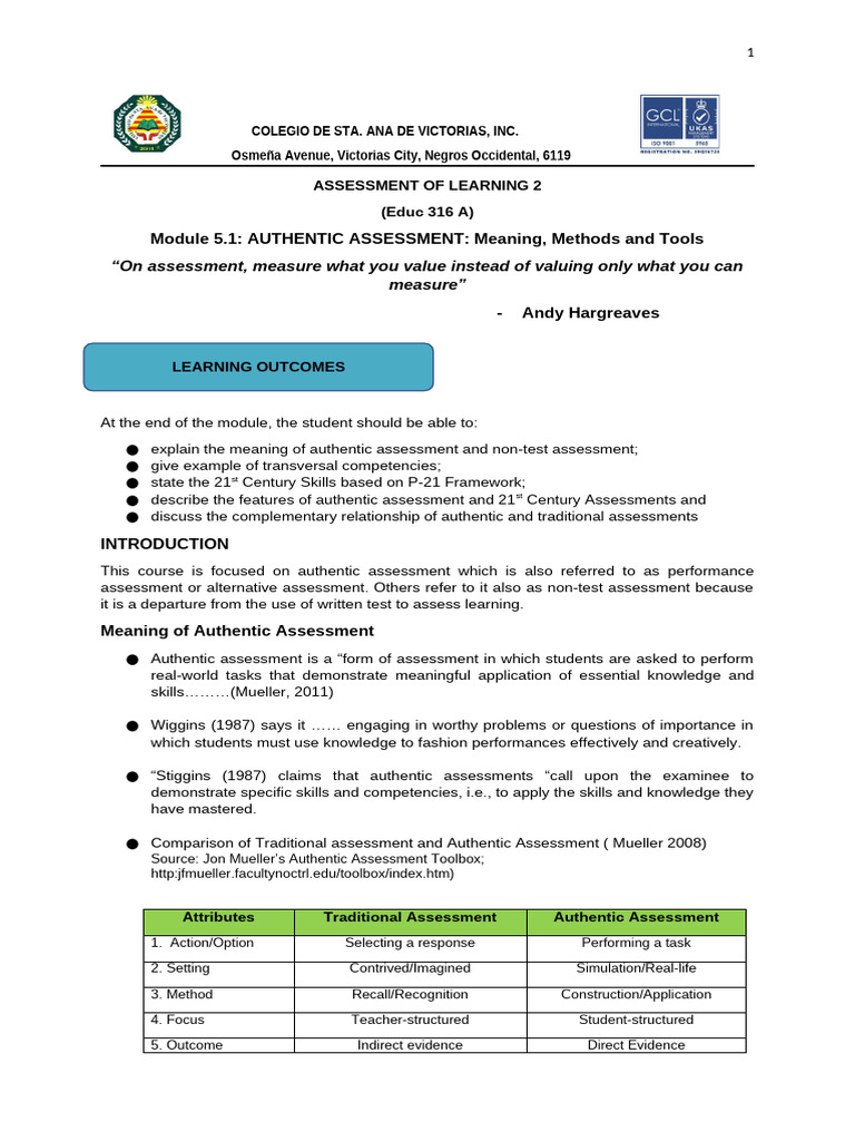 Module 5.1 Authentic Assessment | PDF | Educational Assessment | Knowledge
