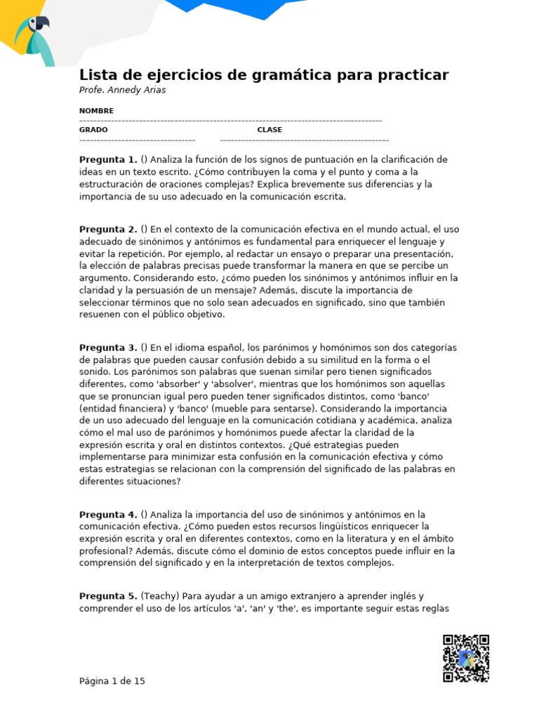 Lista de Ejercicios de Gramática para Practicar | PDF | Coma | Comunicación
