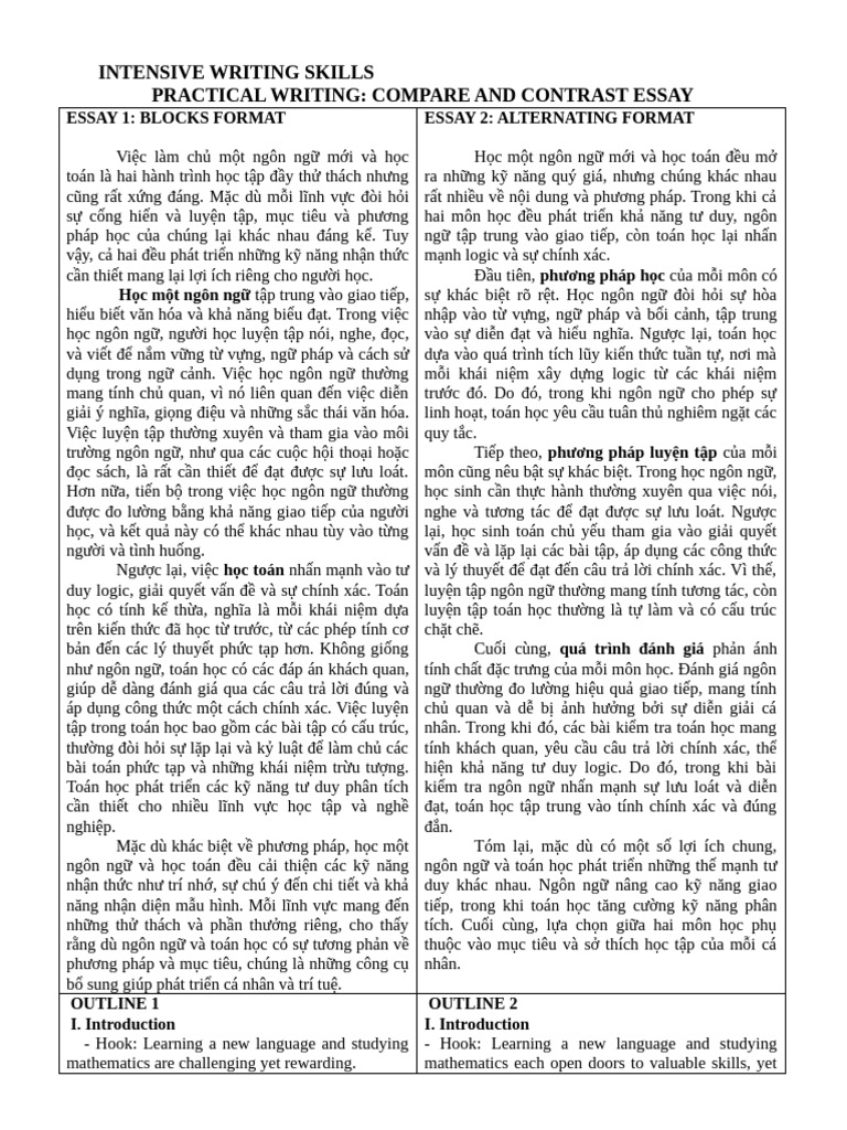 INTTENSIVE WRITING SKILLS Comapre and Contrast Essay | PDF