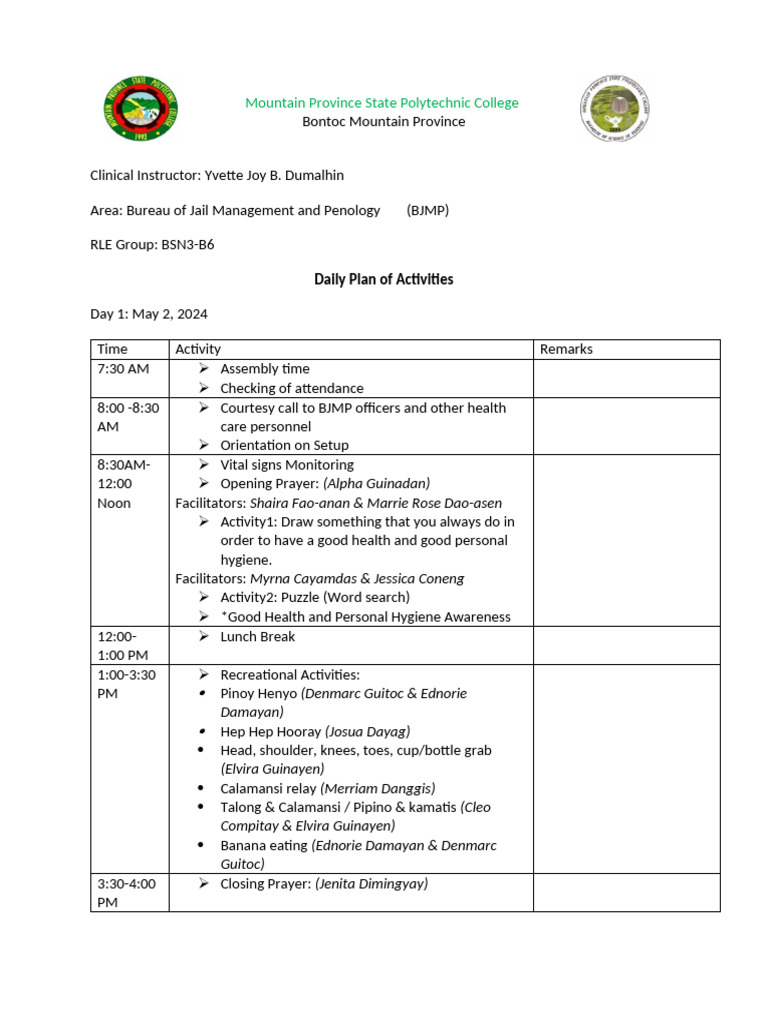 Daily Plan of Activities - 2 | PDF