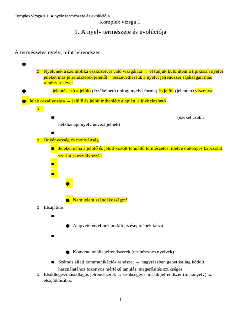 A Nyelv Természete És Evolúciója: Komplex Vizsga 1 | PDF