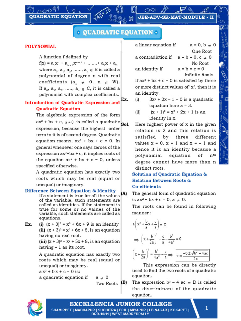 Maths Quadratic Equation (01 47) | PDF | Quadratic Equation | Equations