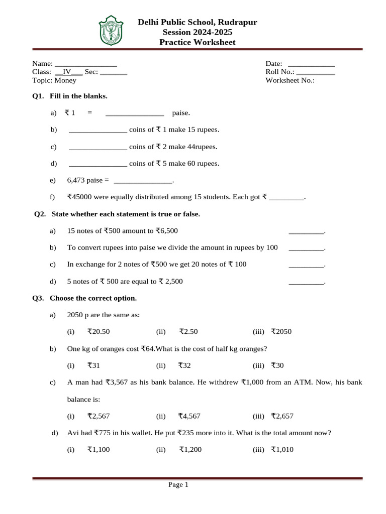 Class 4 Money Worksheet | PDF | Economy Of Asia | Economies