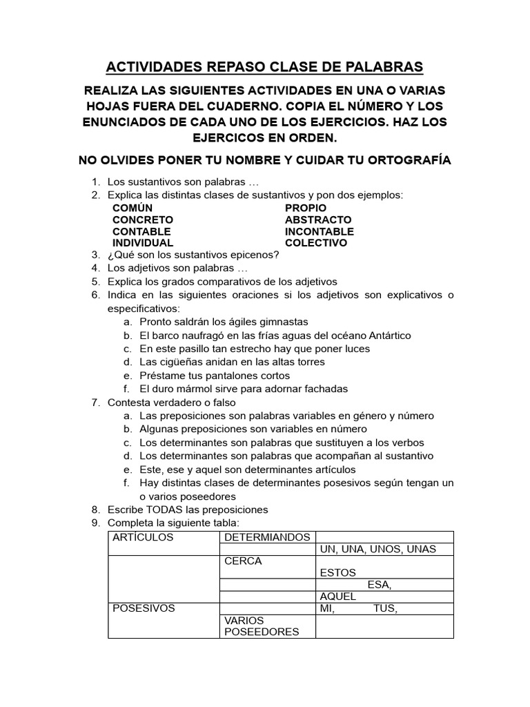 Actividades Repaso Clase de Palabras | PDF
