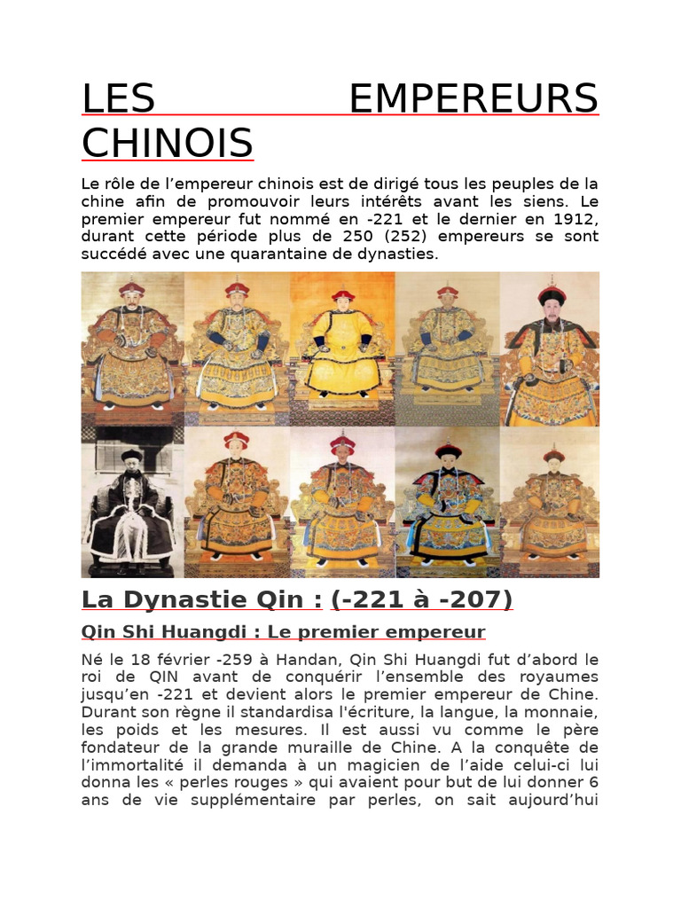 Liste des empereurs de Chine | PDF | Dynastie Han | Empereur de Chine