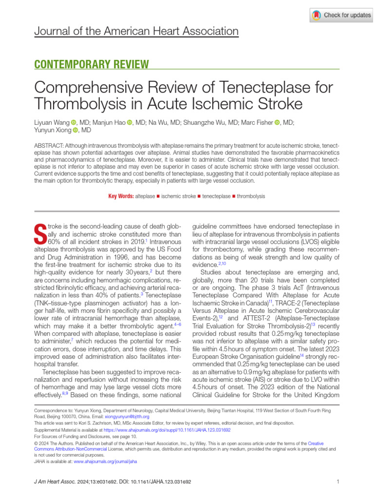 Wang Et Al 2024 Comprehensive Review of Tenecteplase For Thrombolysis ...