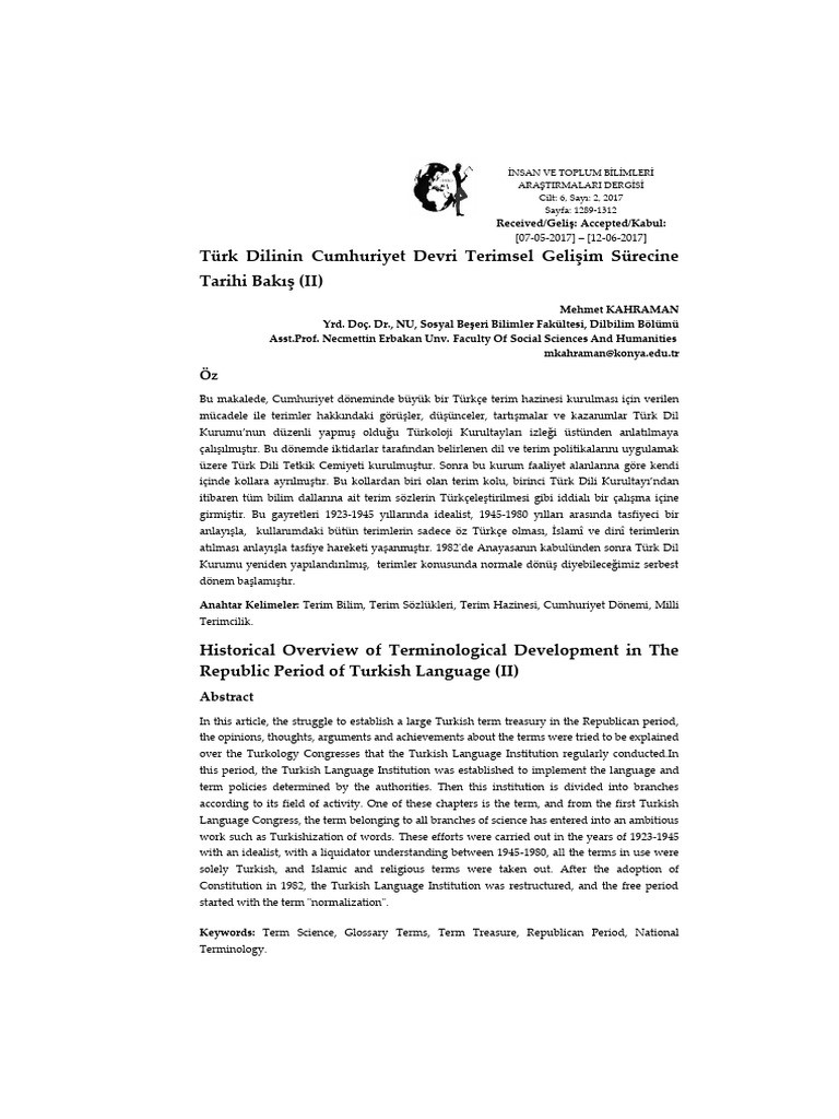 Türk Dilinin Cumhuriyet Devri Terimsel Gelişim Sürecine Tarihi Bakış | PDF