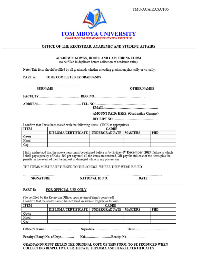 TMU Graduation Attire Collection Form | PDF | Dress Codes | Academia