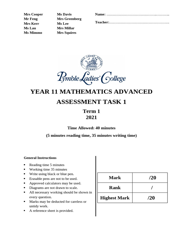 11 Adv Assess Task 1 in Class 2021 FINAL | PDF | Function (Mathematics) | Mathematics