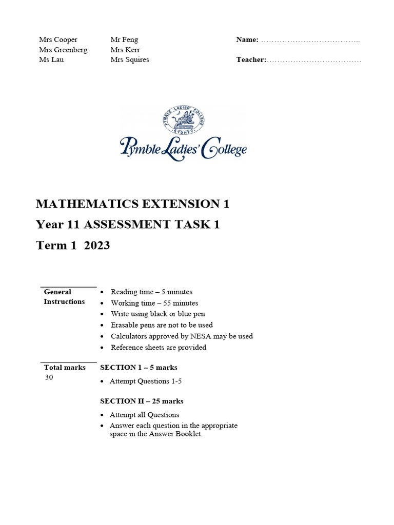 11 Extn1 Assess 1 2023 Question Booklet FINAL v2 | PDF | Function (Mathematics) | Mathematical ...