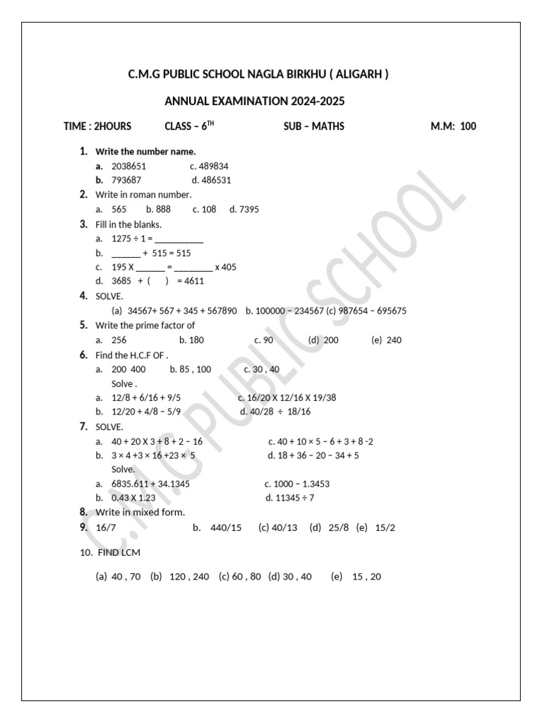 6th Standard Maths Exam Paper 2024 | PDF