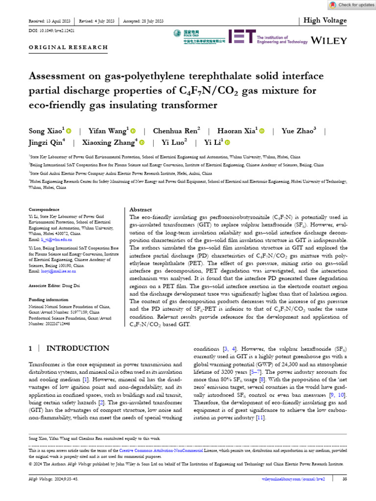 High Voltage - 2024 - Xiao - Assessment On Gas Polyethylene Terephthalate Solid Interface ...