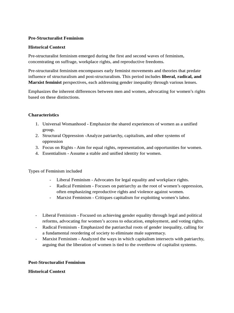 Pre-Structuralist Feminism Overview | PDF | Feminism | Gender Studies