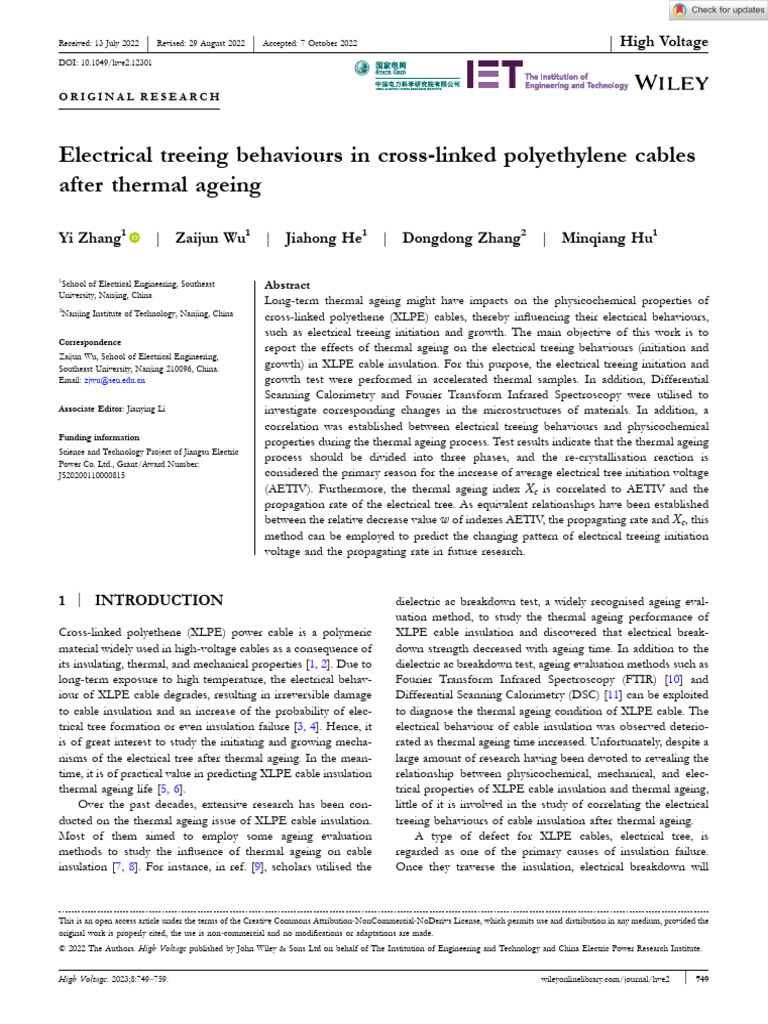 High Voltage - 2022 - Zhang - Electrical Treeing Behaviours in Cross ...
