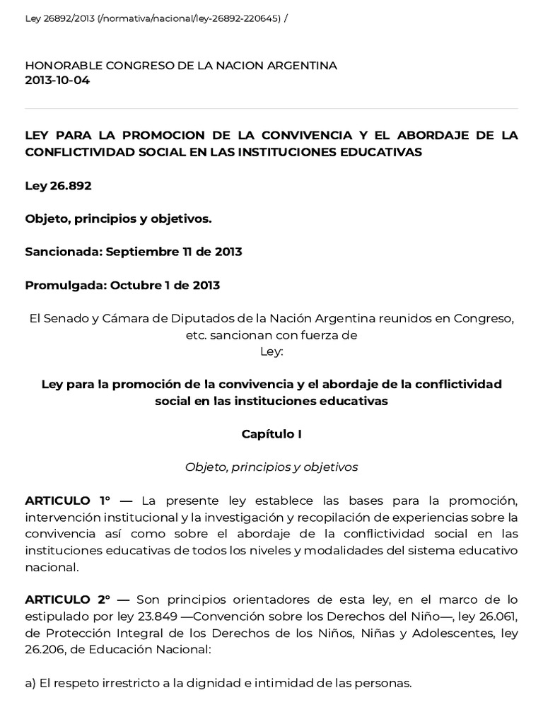 Ley 26.892 - promoción de la convivencia y el abordaje de la conflictividad social en las ...