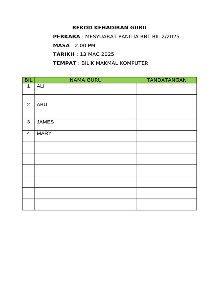 Rekod Kehadiran Guru Ke Mesyuarat 2 2025 | PDF